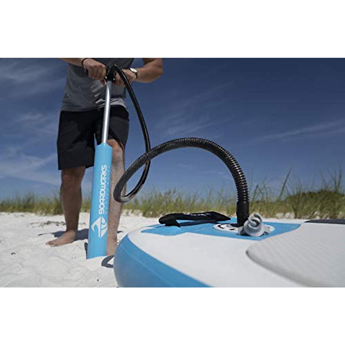 Boardworks SHUBU Riptide Inflatable Stand-Up Paddle Board (iSUP) | SUP Package Includes Three Piece Paddle, Carry Bag and Pump (SUP) Complete Kit | 10’6”, Blue/White/Grey