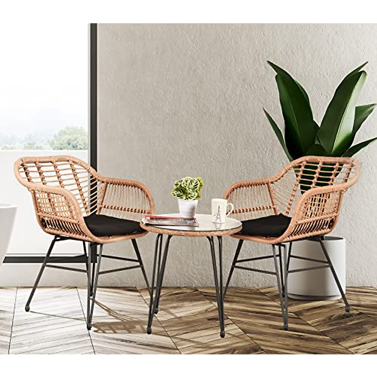 MOOWIND 3 Piece Patio Conversation Bistro Set Outdoor Modern Wicker Rattan Set for Porch Backyard Pool Black