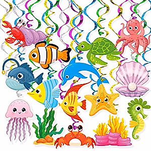 Sea Animals Life Hanging Swirls 30 Pack Foil Ceiling Hanging Swirls Streams Banner Garland Decor for Kids Under The Sea Mermaid Baby Shower Celebrating Events Birthday Party Supplies Room Wall Decor