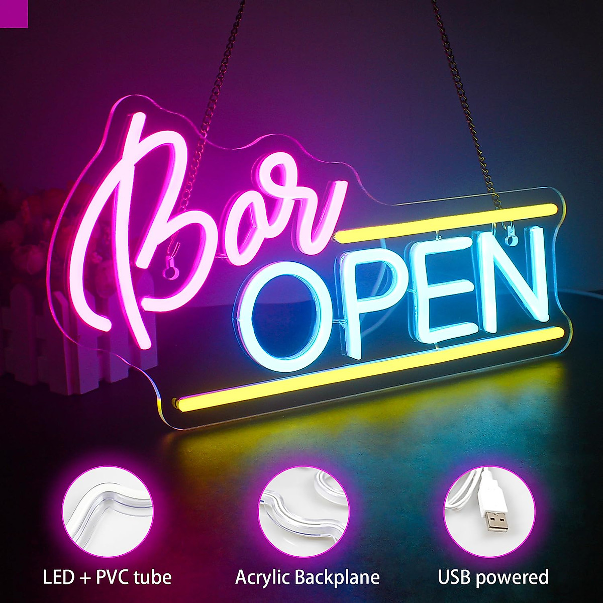 WX&YH Bar Open Neon Sign - Led Sign 10 Dimmable Open Neon Signs for Wall Decor, Open Bar Neon Lights Signs for Bar Business Window Pub Cafe Man Cave Club Restaurant Open Sign Decor Gifts