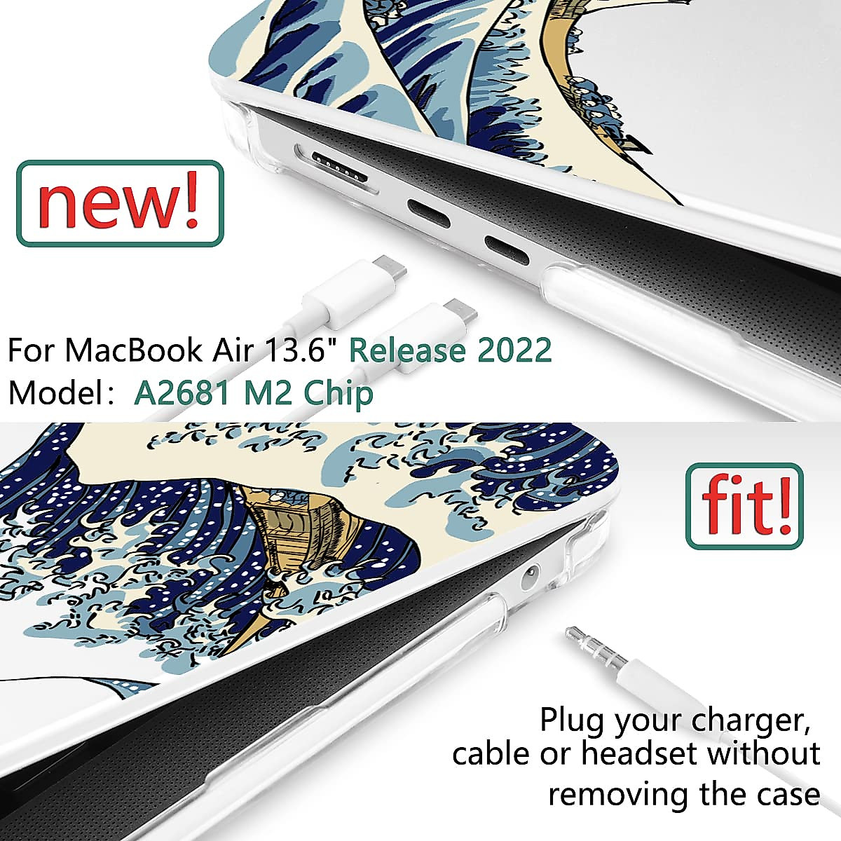 MEEgoodo for MacBook Air 13.6 inch Case 2022 New A2681 with M2 Chip, Clear Case for MacBook Air M2 with Retina, Laptop Hard Shell Cases with Keyboard & Webcam Cover & Screen Protector, Great Wave