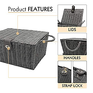 Woven Storage Basket Bin Wicker Hamper Stackable Box with Lid, Wicker Shelf Baskets Bin for Laundry Room Organizer, Set of 3 Wicker Storage Basket with Handle for Picnic, BBQ,Nursery, Baby Toiletry, Diaper, Toys