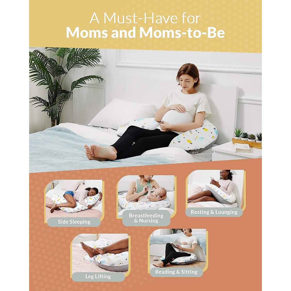 Unilove Hopo 7-in-1 Pregnancy & Nursing Pillow - Pregnancy Pillows for Sleeping - Pregnant mom Gift Essentials for Breastfeeding, Side Sleeping - 2 Washable Covers, Weather Icon