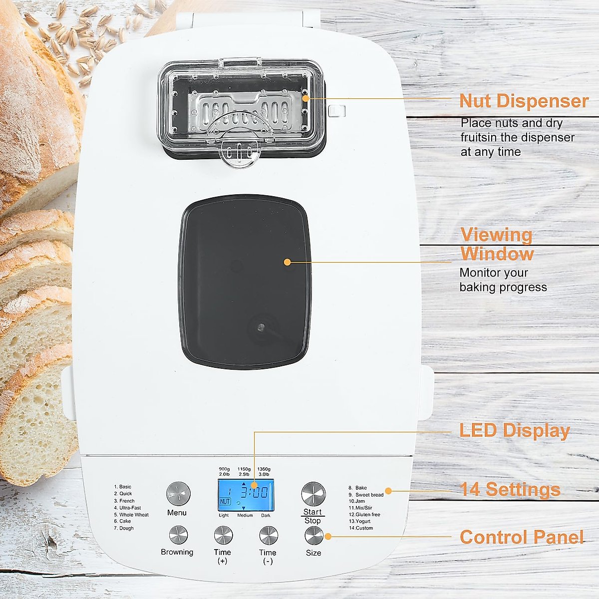 Patioer Bread Maker Machine with Gluten Free Setting 3LB 2.5LB 2LB Automatic Loaf Bread Machine with Fruit & Nut Dispenser 14-in-1 Breadmaker Dual Paddle Programmable 3 Crust Colors, White