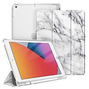 Fintie Case with Pencil Holder for iPad 9th / 8th / 7th Generation (2021/2020/2019) 10.2 Inch - Slim Shell Hard Case with Translucent Frosted Stand Back Cover, Auto Sleep/Wake, Marble White
