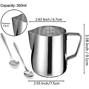 SIKEMAY Milk Frothing Pitcher Jug - 12oz/350ML Stainless Steel Coffee Tools Cup - Suitable for Espresso, Latte Art and Frothing Milk, Attached Dessert Coffee Spoons