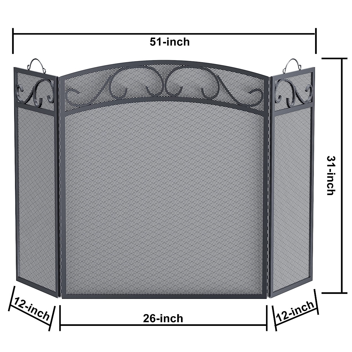 Fire Beauty Fireplace Screen 3 Panel with Handles Wrought Iron 51"(L) x31(H) Spark Guard Cover(Black)