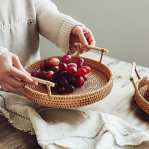 DECRAFTS Rattan Round Serving Tray Wicker Woven Bread Basket with Handles for Cracker Dinner Parties Coffee Table Breakfast (Natural 12.6 inches)