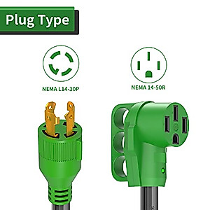 RVGUARD 4 Prong 30 Amp to 50 Amp RV Generator Adapter Cord 12 Inch STW, L14-30P Locking Male Plug to 14-50R Female with LED Power Indicator, Green