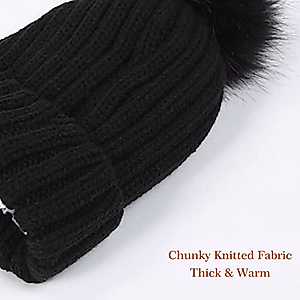 Muryobao Womens Winter Beanie Hat Warm Silk Satin Lined Cuffed Cable Knit Hat with Detachable Pom Ski Skull Cap Black