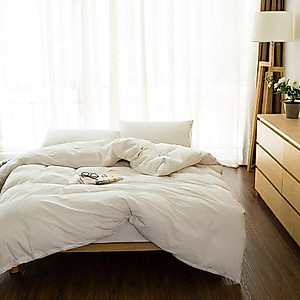 EMME White Cotton Duvet Cover Queen Size 3-Piece Set Soft Cotton Bedding Comforter Cover Full Size with 2 Pillow Shams Solid Color (White, Full/Queen)