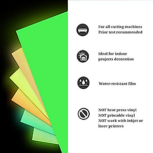 TECKWRAP Glow in Dark Matte Neon Adhesive Craft Vinyl Precut Sheets 12" x 12" 6 Sheets/Pack for Craft Cutters,Sign Plotters