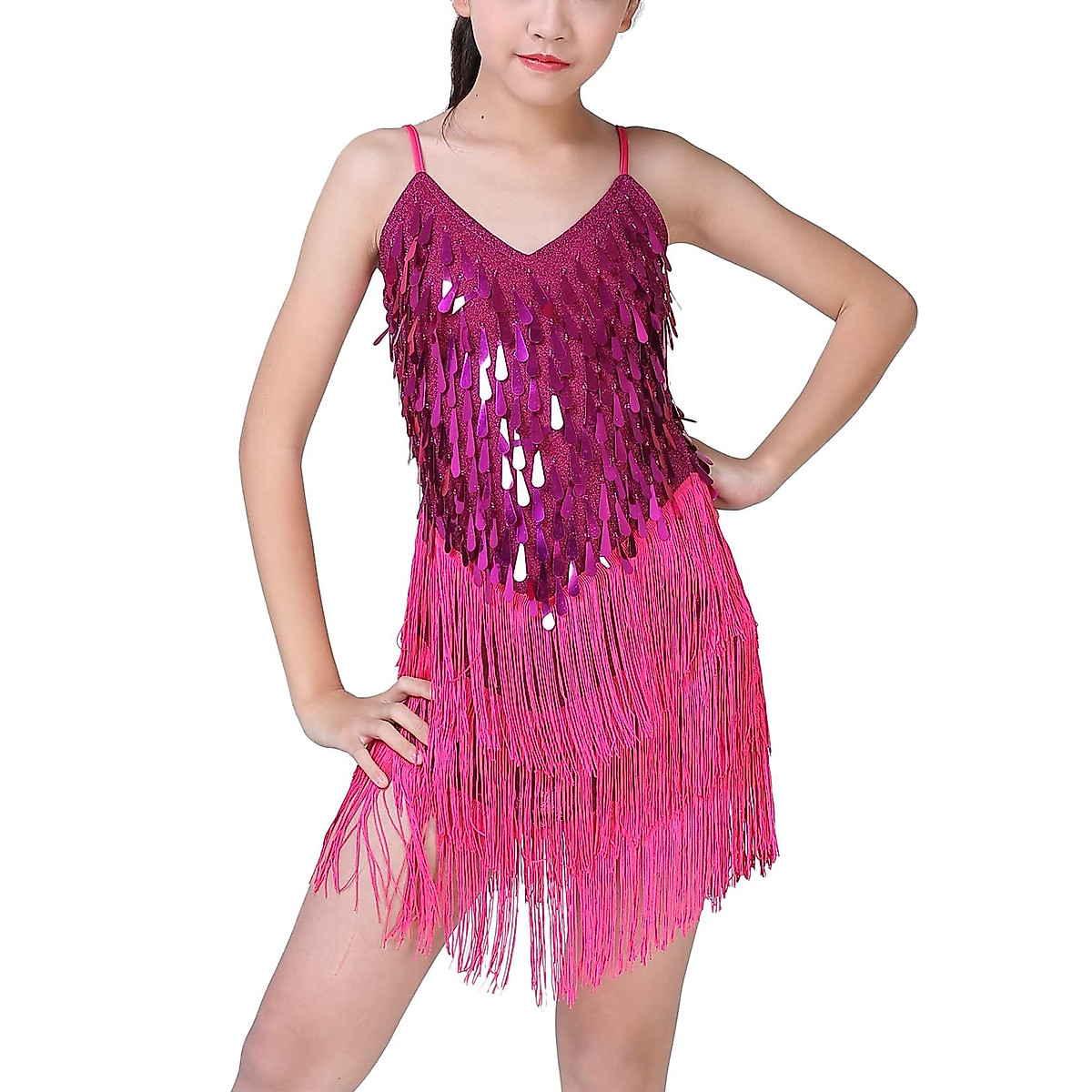Latin Dance Dress Tassel Salsa Dancewear Sequin Fringe Dress Modern Ballroom Cha Cha Dancer Outfits for Girls (US, Age, 8 Years, 9 Years, Rose)