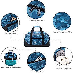 Boys Overnight Duffel Bags Sport Gym Bag Gymnastics Bag with Shoe Compartment, Carry-on Size Weekender Sleepovers Travel Duffel Bag for Boys (Blue Camo)