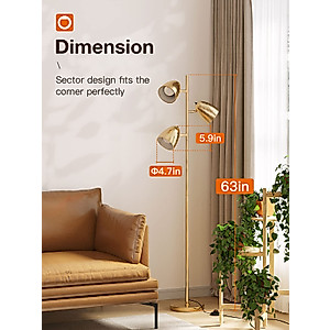 addlon Tree Floor Lamp with 3 Adjustable Rotating Lights and Matching LED Bulbs, Standing Tall Pole Lamps for Living Room, Bedroom, Home, Office - Brass Gold