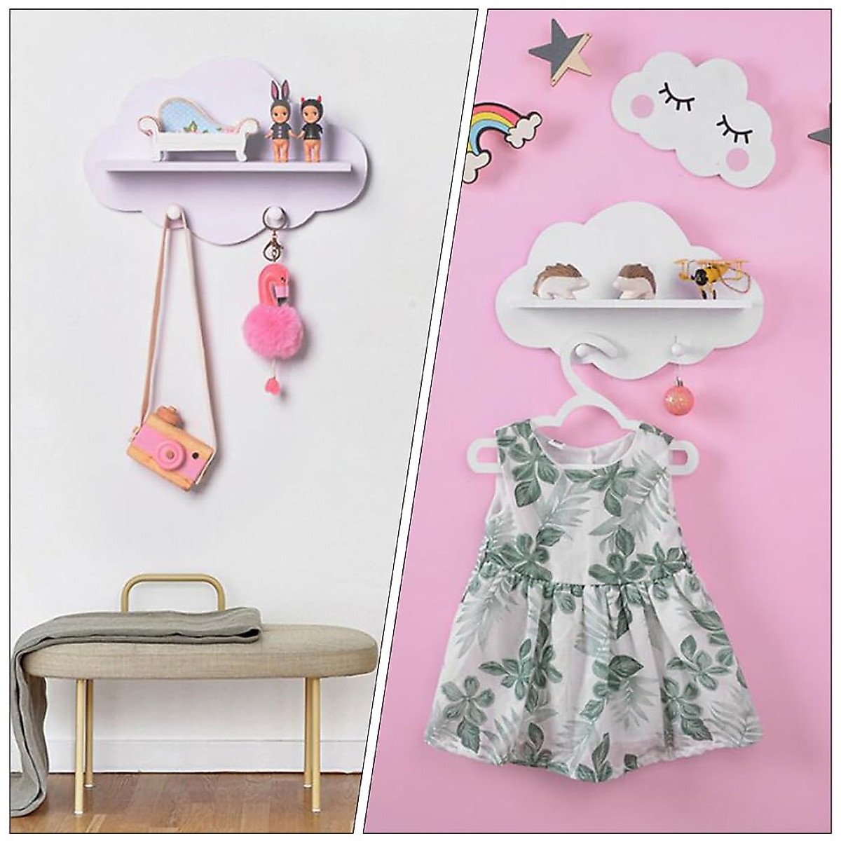 LABRIMP Multifunctional Storage Rack Storage Shelf Rack Porch Organizer Rack Cloud Shape Shelf Entryway Floating Shelves Coat Wall Rack Shelves Coat Hooks White Nordic Hanger Wpc