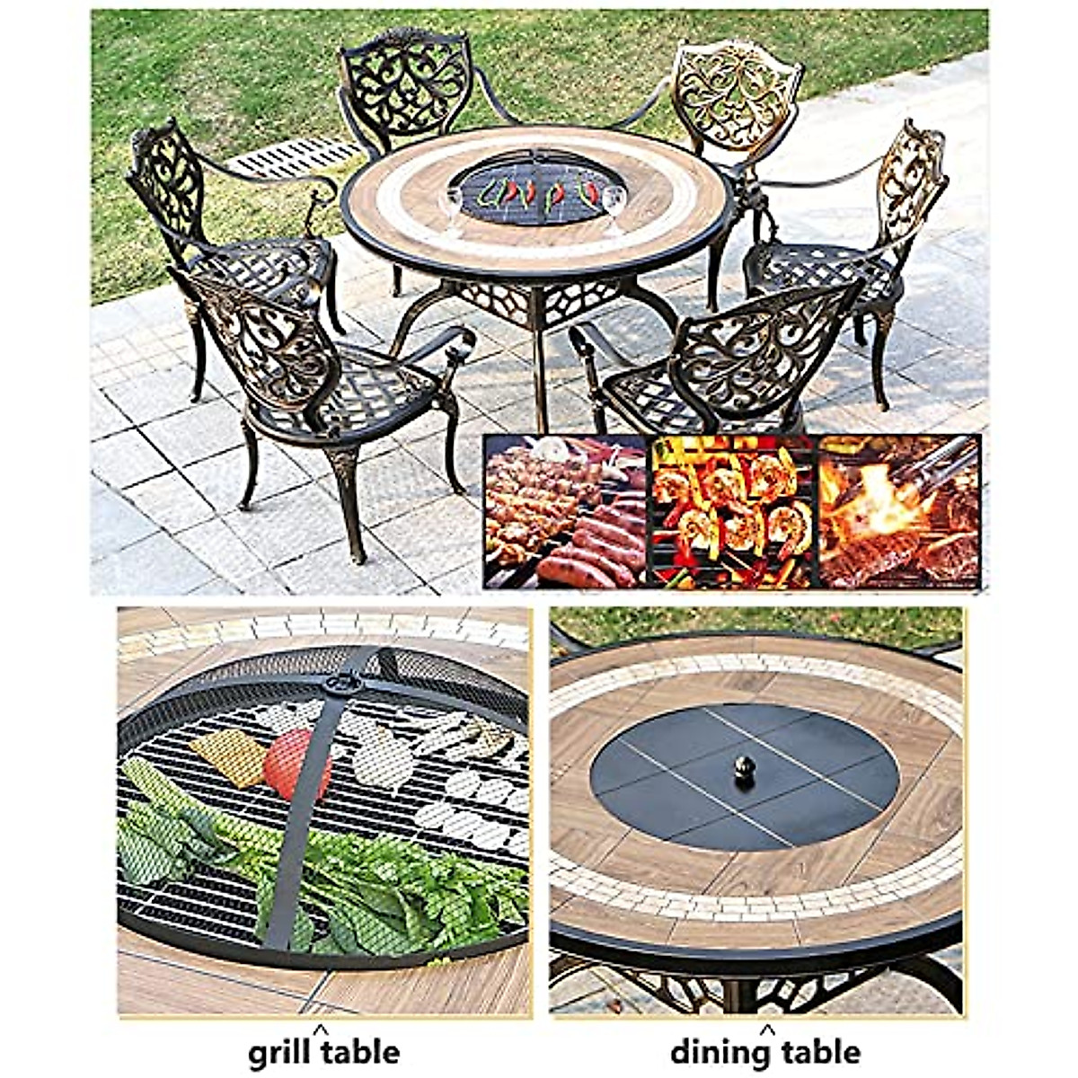 QHYXT Outdoor Fire Pit 122cm/48 Garden Grill Table - Wood Burning Fire Pit, Aluminum Round Indoor and Outdoor Table and Chair Set-with 4 Chairs, Suitable for Garden Terrac
