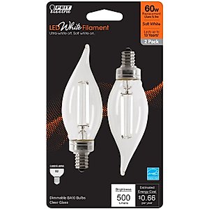 Feit Electric BPCFC60927CAWFIL/2 Soft White Flame Tip Exposed White Filament LED Bulb, Box of 2 Bulbs; 5.5W; 60W Equivalent; E12 Base; 2700K; 90 CRI; 500 Lumen; Glass Lens; 15000 Life Hours