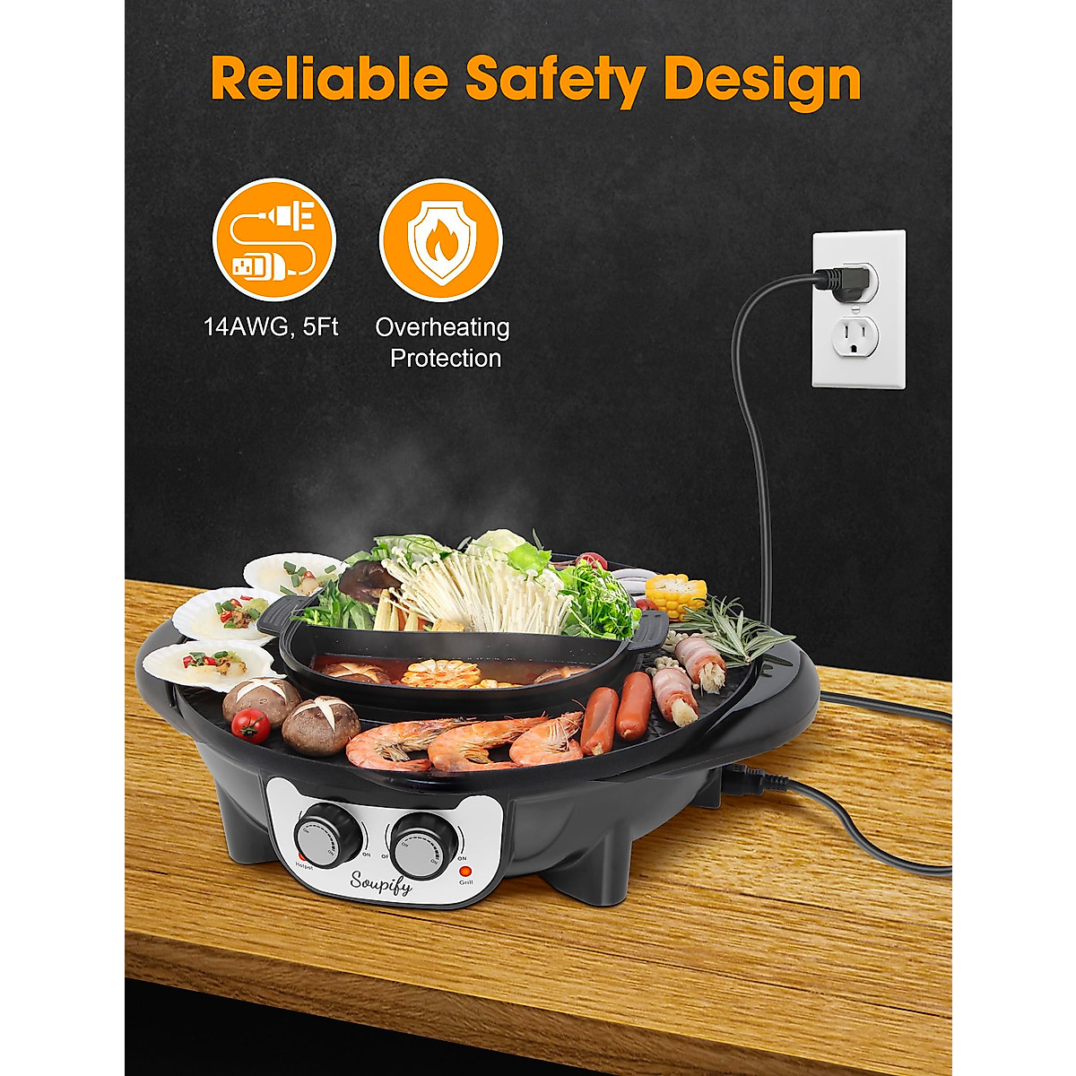Soupify 2 in 1 Hot Pot with Grill, Electric Korean BBQ Grill, Independent Dual Temperature Control & Non-stick Pan, Multi-function Smokeless Barbecue Grill for Family and Friends Gathering