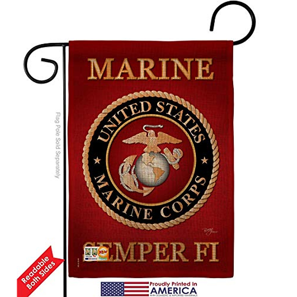 Marine Corps Burlap Garden Flag Set with Stand Armed Forces USMC Semper Fi United State American Military Veteran Retire Official Small Gift Yard House Banner Double-Sided Made In USA 13 X 18.5