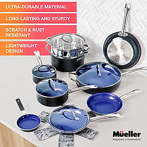Mueller UltraClad Sapphire Pots and Pans Set Nonstick, 14 Piece Induction Cookware Sets, Aluminum Body, Includes Non Stick Deep Frying Pan, Sauce Pans for Cooking, Dutch Oven and More