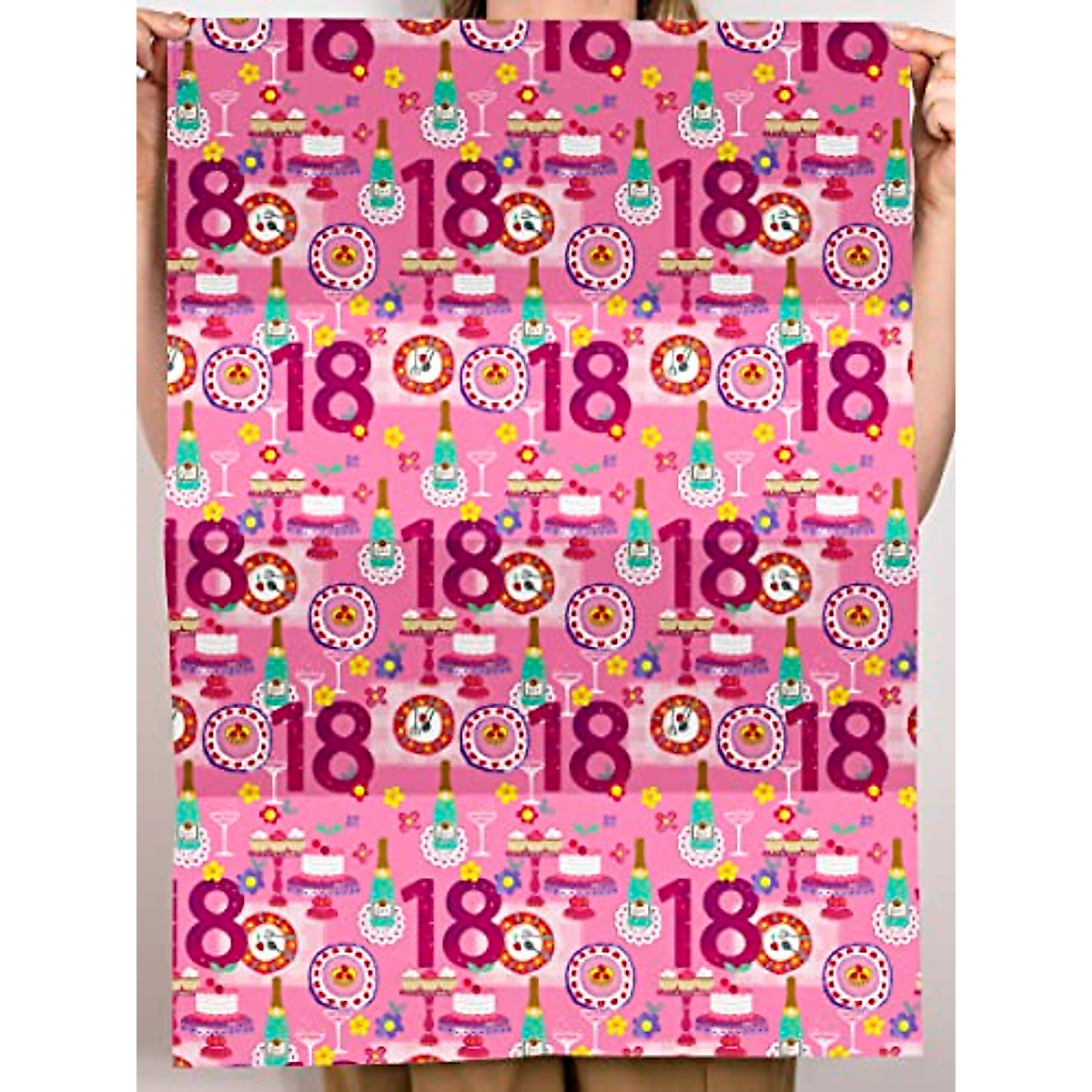 CENTRAL 23 Birthday Wrapping Paper For Women - 18th Birthday - 6 Sheets of Pink Gift Wrap - Birthday Drinks - Flower - For Girls Her Friends - Age 18 - Recyclable