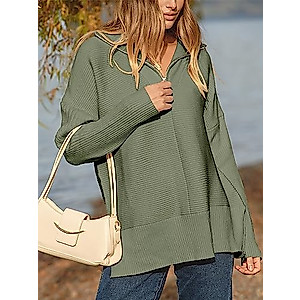 ANRABESS Womens 2023 Fall Oversized Zip Sweaters Long Sleeve V Neck Collar Casual Loose Baggy Ribbed Knit Pullover Quarter Zip Tunic Sweater with Slit B770kaqilv-L Dark Green