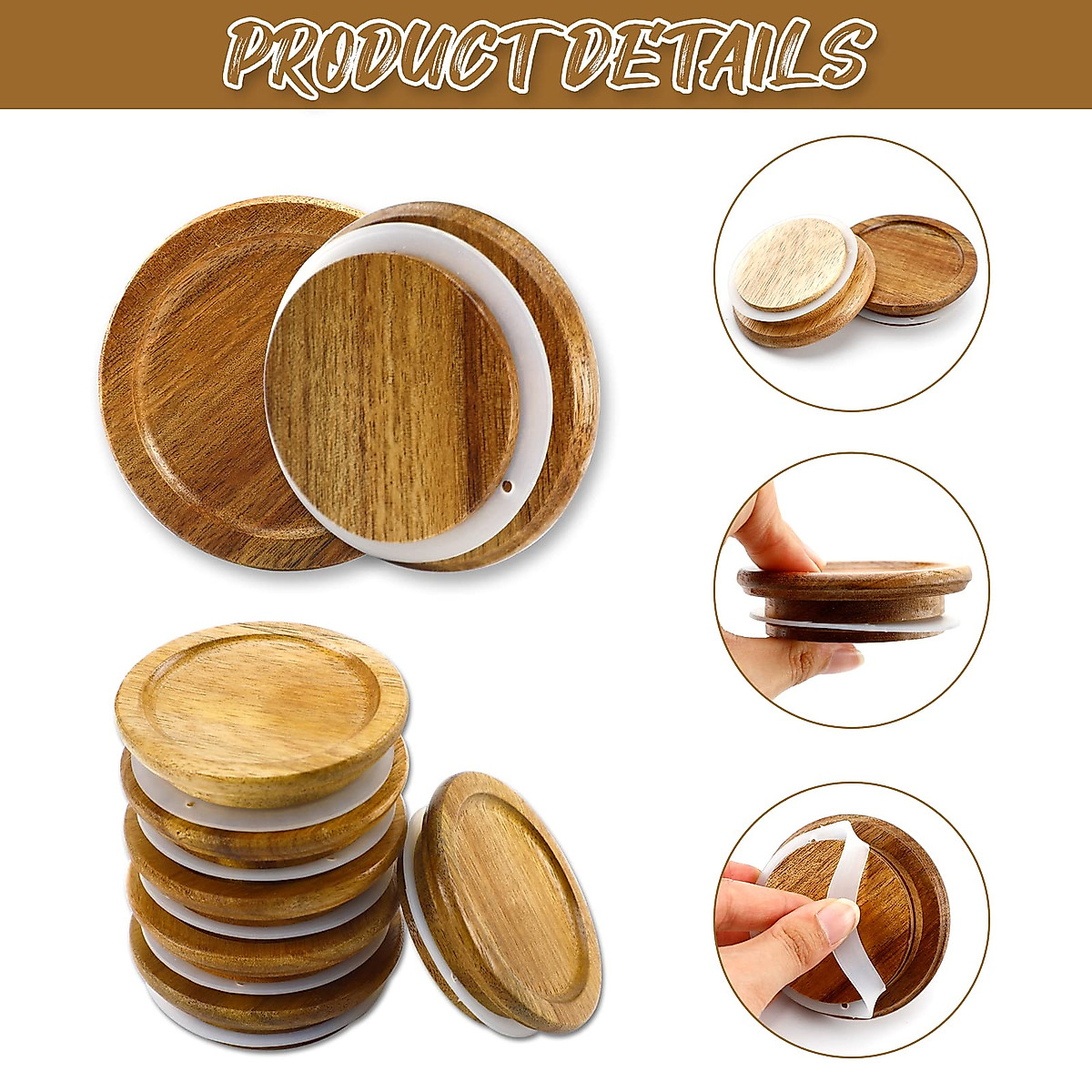 6PCS Regular Mouth Mason Jar Lids, Reusable Natural Acacia Wood Canning Lids Ball Jars Wooden Storage Lids with Airtight Silicone Seal for Regular Mouth Jars (Brown)