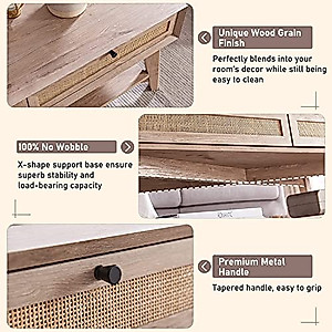 OKD Coffee Table, Mid Century Modern Storage Center Table for Living Room with Natural Rattan Double Sliding Drawers 2-Tier Open Shelf, Easy Assembly, Oak