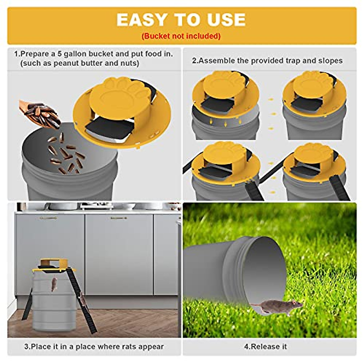 Bucket Lid Mouse/Rat Trap, Flip N-Slide Automatically Resets Humane Or Lethal Trap Door Style, 5 Gallon Bucket Mouse Lid Trap Indoor Outdoor