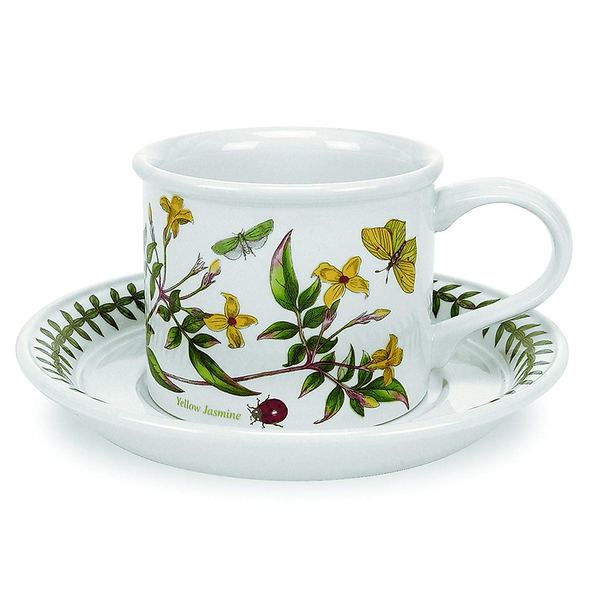 Portmeirion Botanic Garden Drum Shaped Teacup and Saucer | Set of 6 with Assorted Floral Motifs | 7 Oz Teacups and Saucers | Made in England from Fine Earthenware | Dishwasher Safe