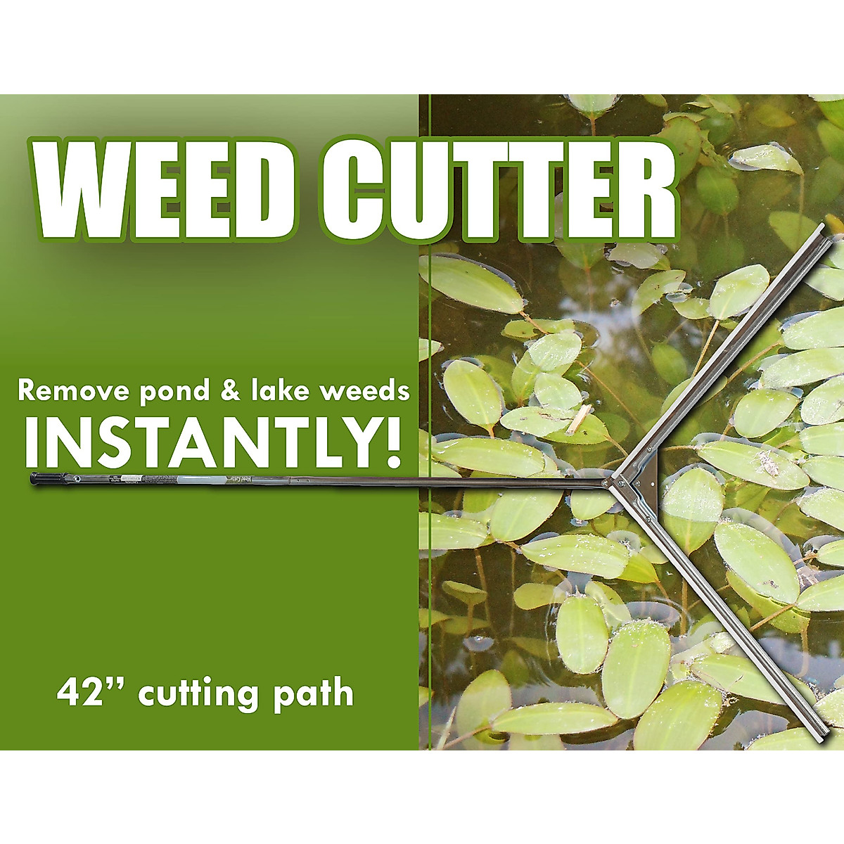 Crystal Blue Pond & Lake Weed Cutter - 42 inch Wide Cutting Path, Includes 20 Foot Rope, Blade Sharpener & Safety Gloves - Remove Common Pond Weeds, Chara, Lilly Pads, Small Leaf & More