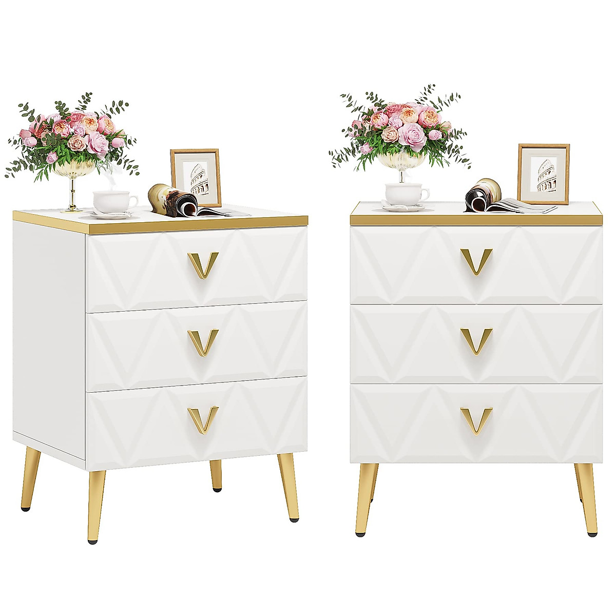 Tribesigns 3-Drawer Nightstand Set of 2, Luxury Bedside Table End Table with Storage Drawers and Golden Legs, Modern Nightstand for Bedroom, Gold and White