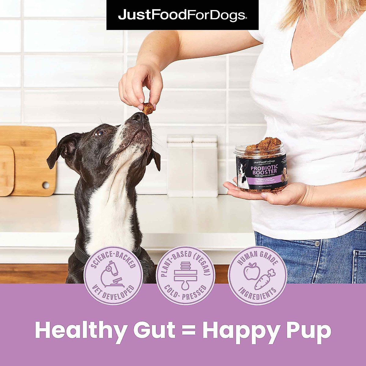 JustFoodForDogs Probiotic Booster Gut Health Soft Chews Supplement for Dogs, Digestive Health Support, Diarrhea, Human Grade Ingredients - 45 Count