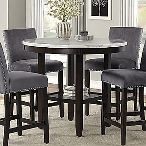 New Classic Furniture Celeste 5-Piece Faux Marble Round Counter Set with 1 Table and 4 Chairs, 42-Inch, Black