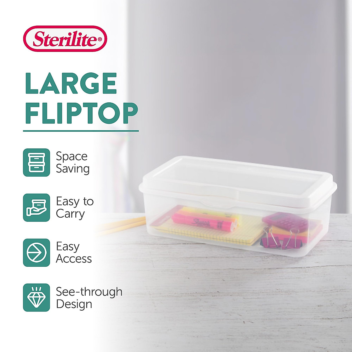 Sterilite 18058606 Large Flip Top, Clear, 6-Pack
