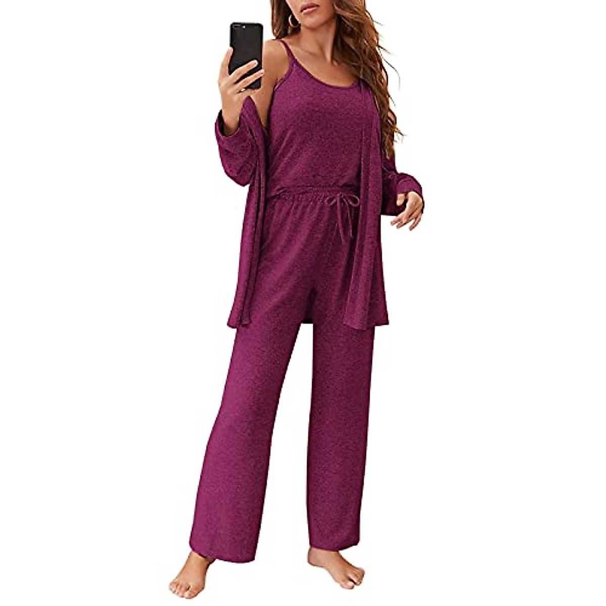 Fessceruna Womens 3 Piece Pajama Set Cami Tank Top Wide Leg Pants and Cardigan Loungewear Lounge Sets Purple