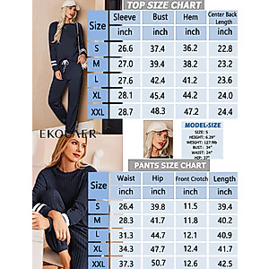 Ekouaer Lounge Sets for Women Ribbed Knit Outfits Pajamas Sets 2 Piece Long Sleeve Sweatsuits with Pockets Blue XL