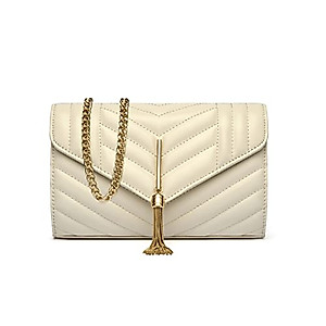 Genuine Leather Clutch Crossbody Bag Quilted Evening Bag for Women Fashion Shoulder Clutch Handbag with Chain - White