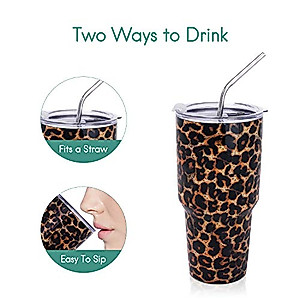30 oz. Tumbler Double Wall Stainless Steel Vacuum Insulation Travel Mug with Crystal Clear Lid and Straw, Water Coffee Cup for Home,Office,School, Ice Drink, Hot Beverage,Leopard