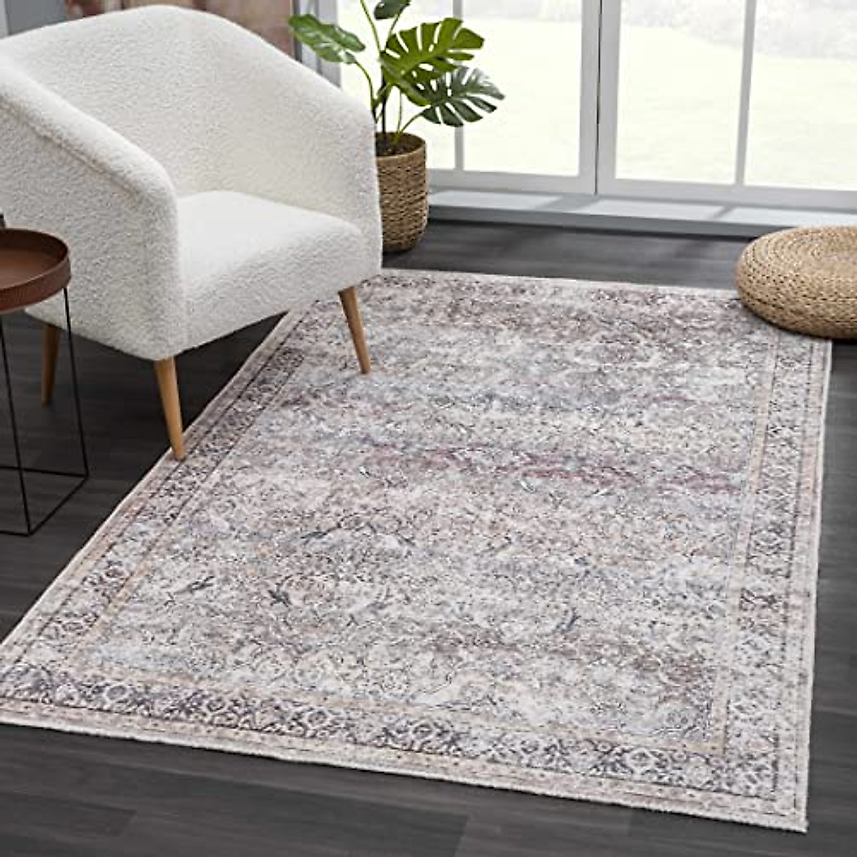 Hauteloom Holi Collection Shiraz - Machine Washable Oriental Persian Living Room Kitchen Bedroom Dining Room Area Rug - Neutral Vintage Distressed Boho Style - Beige, Red, Olive Green - 9'2"x12'