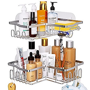 Shower Caddy Corner with Soap Holder, 2 Pack Stainless Steel Shower Organizer Corner with 11 Hooks, No Drilling & 6 Strong Adhesives Corner Shower Shelf Bathroom Organizer for Shower Room, Silver
