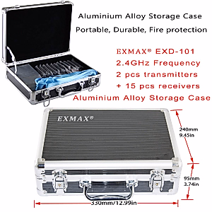 EXMAX EXD-101 2.4G Wireless Voice Transmission System Church Translation Equipment Translator Device for Tourism Museums - 2 Transmitters 15 Receivers & 16-Port Charge Station & Black Storage Case