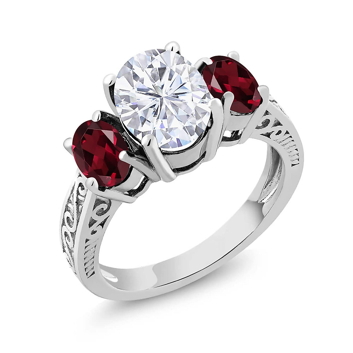 Gem Stone King 925 Sterling Silver Red Rhodolite Garnet and White Moissanite 3 Stone Ring For Women (3.10 Cttw, Gemstone Birthstone, Available In Size 5, 6, 7, 8, 9)