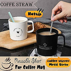 Reusable Short Small Silicone 5.5" &Metal 6" Stainless Steel Stirrer Drinking Straws Set for Coffee/Moscow Mule Mug, Cocktail lowball Glasses, Kids Toddler Baby Cup, Wine Tumbler,Bar-With Silicone Tip