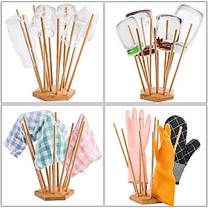 Elsjoy Set of 2 Plastic Bag and Bottle Drying Racks, Bamboo Dryer Rack Stand with 12 Sticks, Reusable Bag Cup Drainer Holder for Kitchen Storage, Hexagon Base