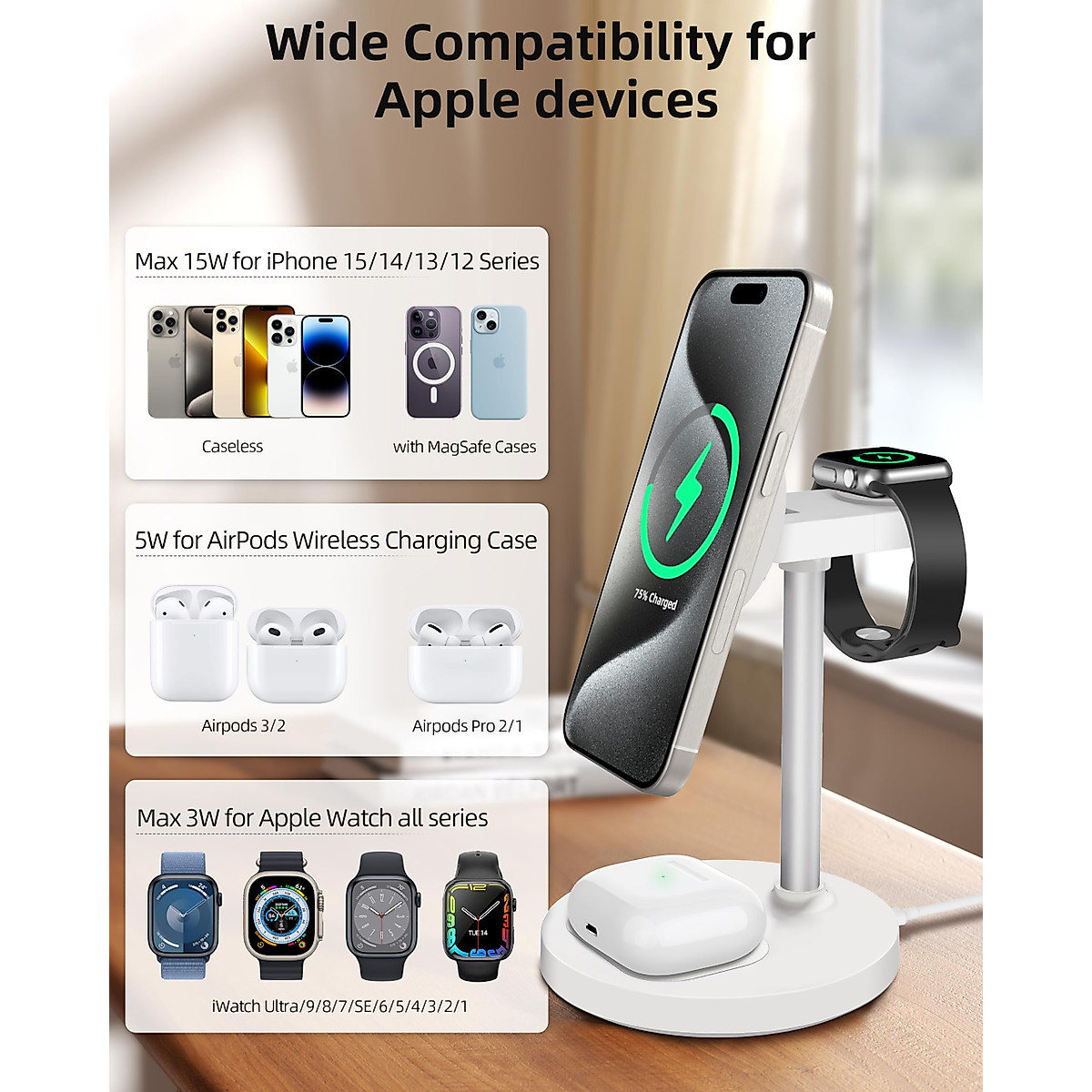 FutureCharger for MagSafe Charger Stand - 3 in 1 Wireless Charging Station for Apple Devices, for iPhone 15/14/13/12 Series, for iWatch/Airpods, Aluminum Alloy Rod, Leather Pad, White