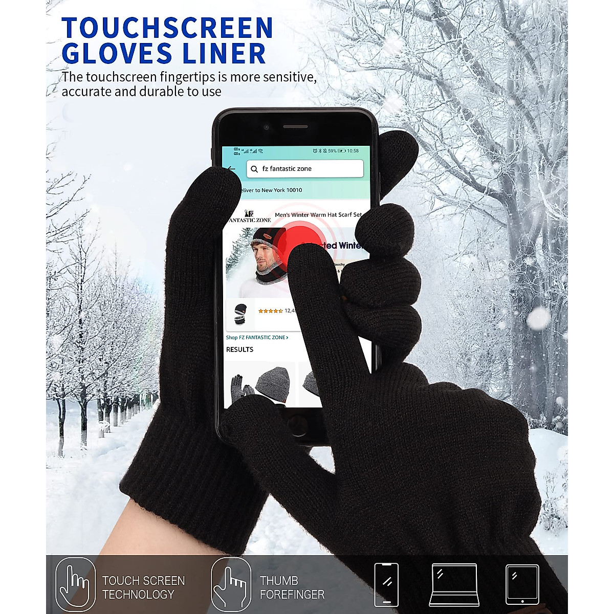 Fantastic Zone Women's Winter Stretch Cashmere Gloves for Women Solid Color Warm Knitted Thick Warm Gloves Black One Size