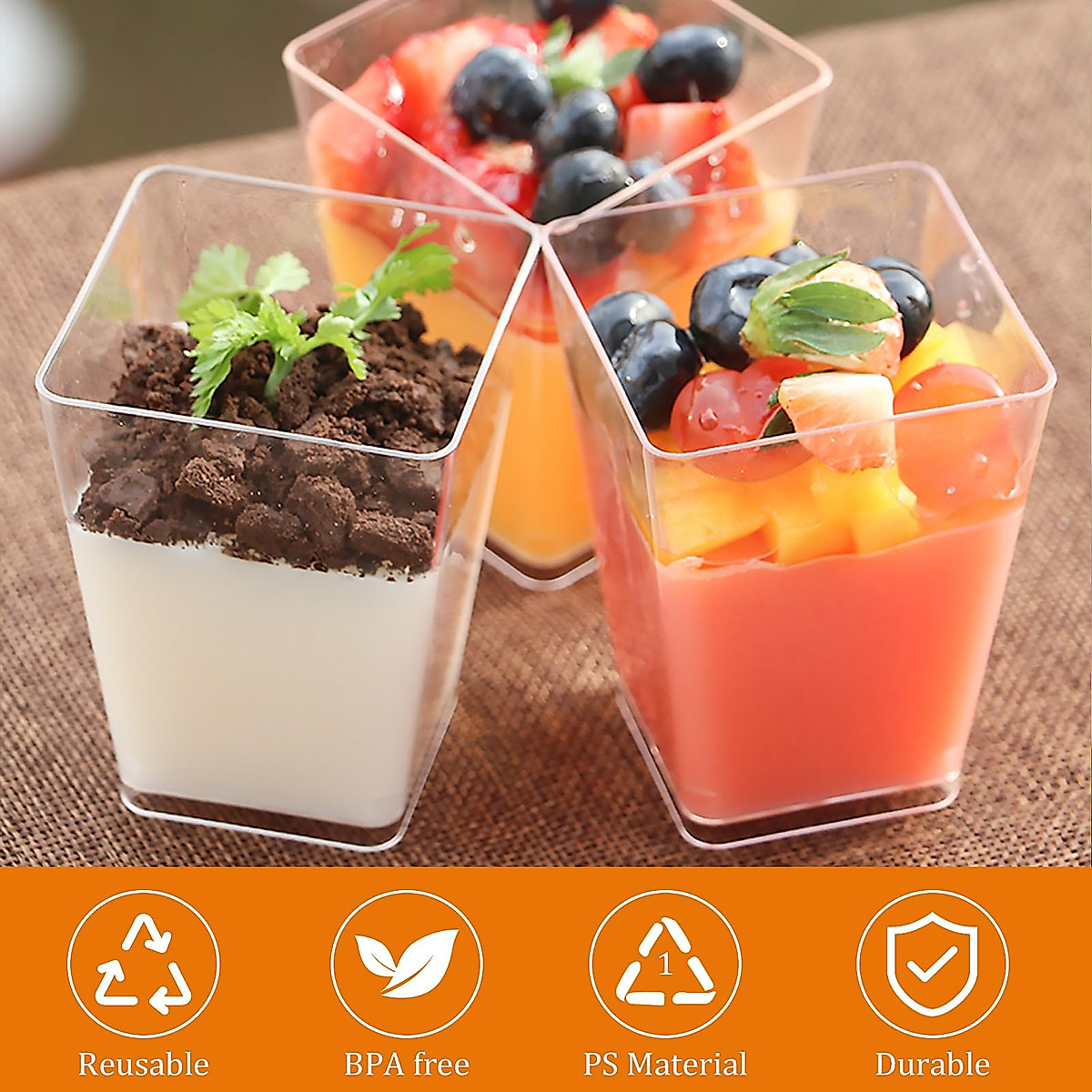 LOVLLE 5oz Dessert Parfait Cups with Lids and Spoons, 30 Pack Square Plastic Small Mini Clear Appetizer Bowls with Lids, for Party Fruit Ice Cream Pudding Mousse (5 oz)