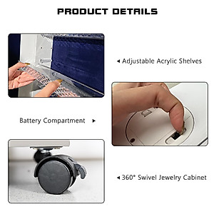 Lvifur 360° Rotating 64'' Jewelry Armoire with 6 LEDS, Full Length Mirror Large Capacity Jewelry Organizer Armoire, Lockable Floor Standing Mirror with 4 rollers for Bedroom, Cloakroom